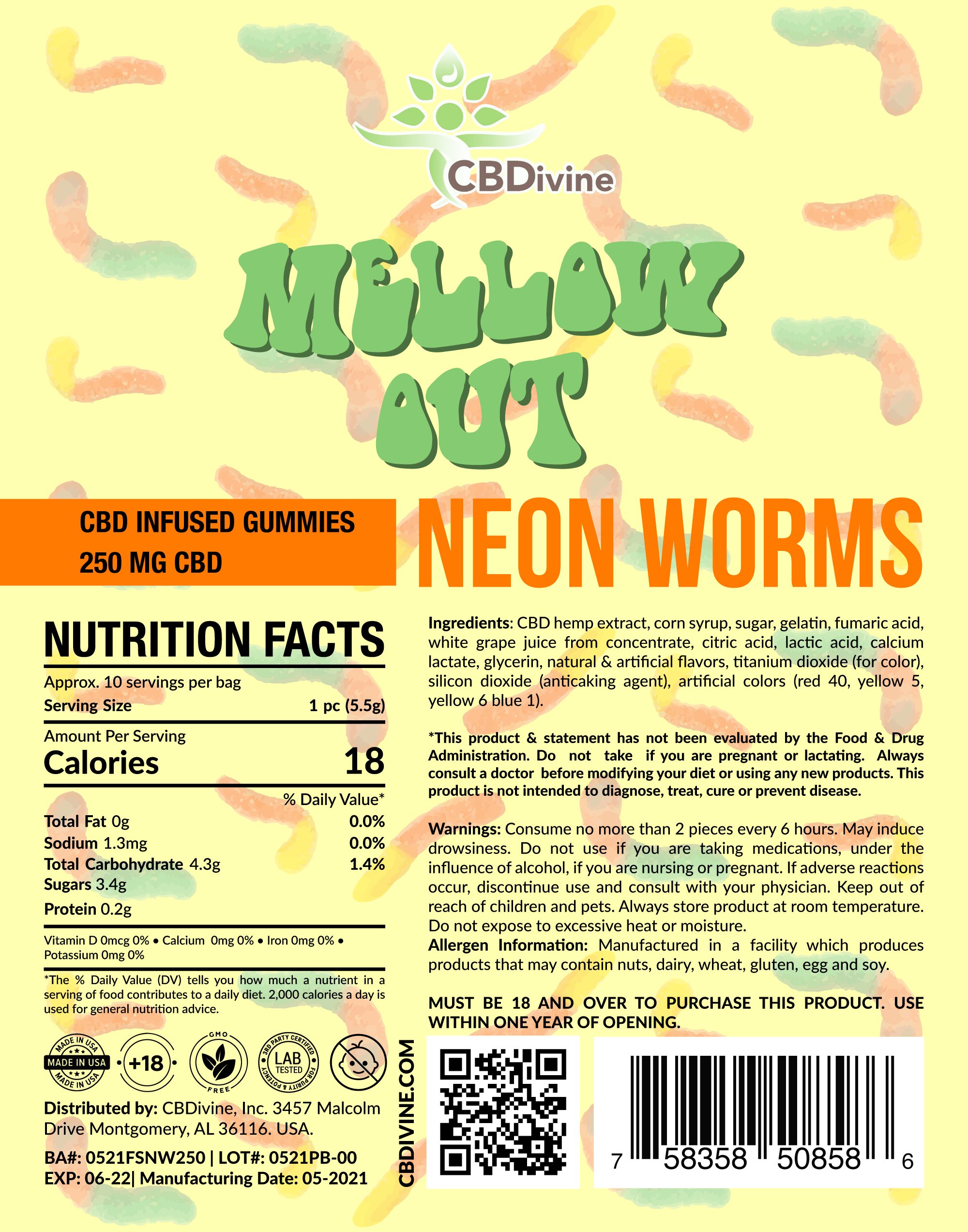 Order Mellow Out Neon Worms - 250 mg Online | CBDivine